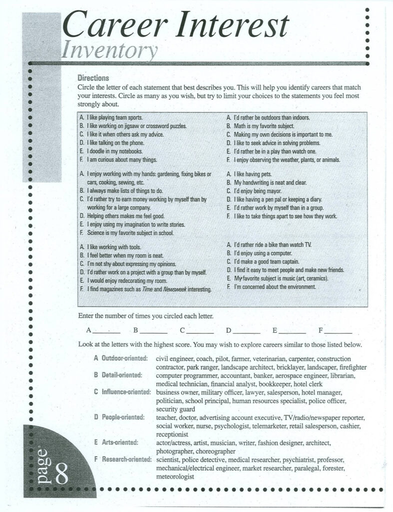 Printable Career Interest Survey For High School Students Free Free ...